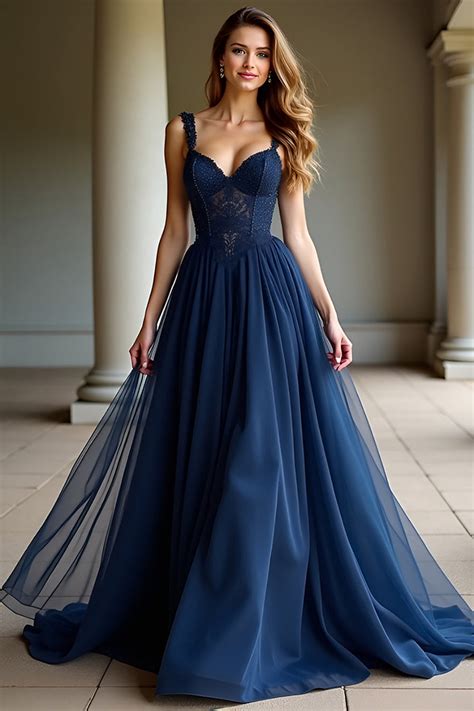 Hellymoon Women A Line Navy Prom Dress Spaghetti Straps V Neck Lace