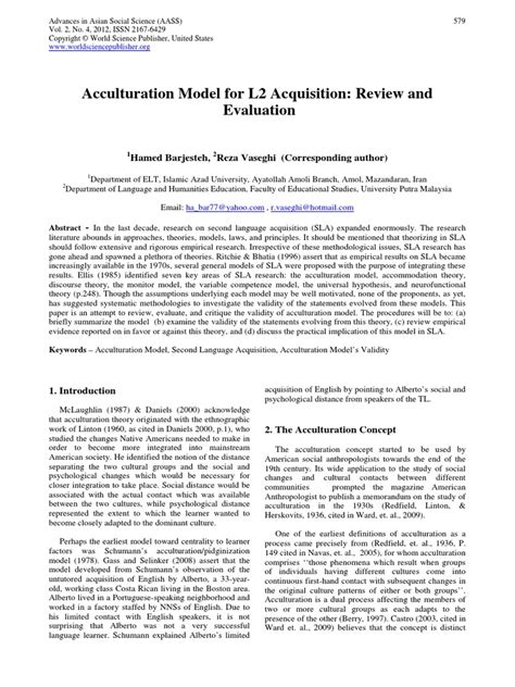 Barjesteh And Vaseghi 2012 Acculturation Model For L2 Acquisition Pdf