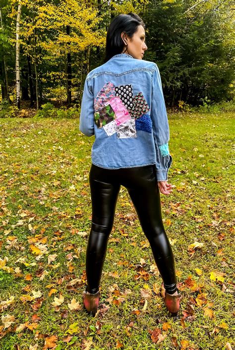 Patchwork Denim Shirt Reworked Custom Sewn Patch Pattern Upcycled