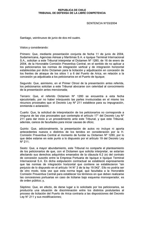 Sent 0003 2004 Inf Tdlc Republica De Chile Tribunal De Defensa De