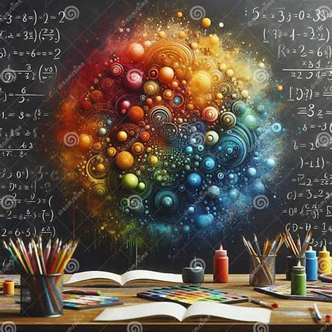 A Classroom With A Blackboard Filled With Mathematical Equations And A Colorful Abstract Design