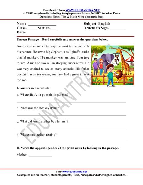 50 Best English Comprehension Class 2 Passages With Answers Mcq