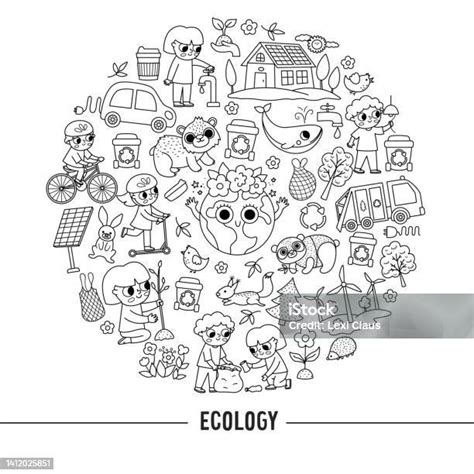 벡터 흑백 생태 라운드 프레임과 귀여운 아이들이 자연을 돌보는 프레임 배너 초대장을위한 지구의 날 카드 템플릿 귀여운 환경 친화적 인 색칠 공부 페이지 벡터에 대한 스톡
