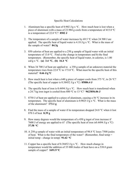 calculating specific heat worksheet ame my id