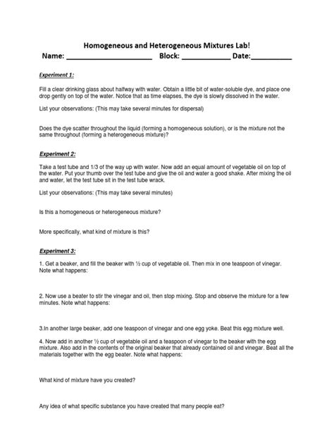 Homogeneous And Heterogeneous Mixtures Lab Pdf