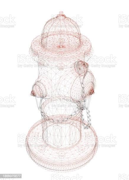 흰색 배경에 고립 된 빨간색 선에서 거리 소화전의 와이어 프레임 등등 측정 보기 3d 벡터 일러스트레이션 3차원 형태에 대한 스톡 벡터 아트 및 기타 이미지 Istock