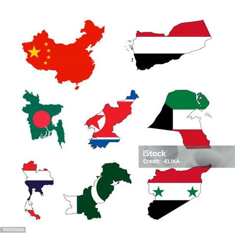 亞洲國家地圖和旗幟向量圖形及更多中國圖片 中國 也門 亞洲 Istock