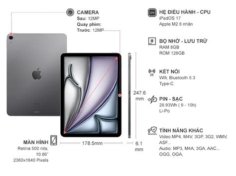 Máy tính bảng iPad Air M2 10 86 inch Wifi 128GB MUWC3ZA A Xám Nguyễn Kim