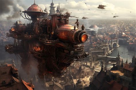 Premium AI Image An Steampunk Transportation Airship Over Bustling City