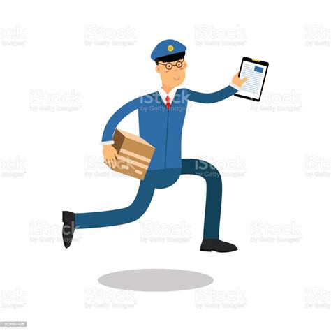 클립보드 실행 제공 소포 만화 캐릭터와 함께 파란색 유니폼에 우편 배달 부 표현 배달 메일 벡터 일러스트 레이 션 독일에 대한