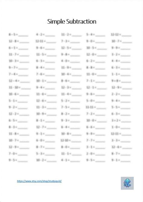 Simple Subtraction Worksheet With Solutions Etsy