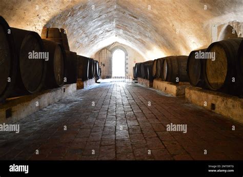A Wine Cellar In A Medieval Castle With Old Wooden Barrels And Light