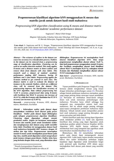 Pdf Preprocessing Knn Algorithm Classification Using K Means And