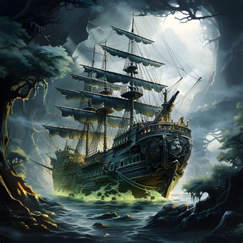 A Painting Of A Pirate Ship Sailing The Ocean Under A Cloudy Sky Stock