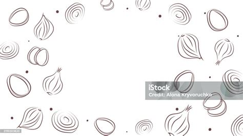 벡터 일러스트 레이 션 육즙이 많은 여름 배경 와 텍스트 공간 양파의 반쪽 조각 및 고리의 패턴 스케치 스타일 요리 테마에 대 한 손으로 그린 주방 재료 템플릿 갈색에 대한