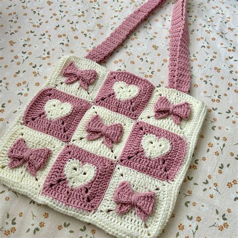 Heart Bow Crochet Tote Bag Love Knitting