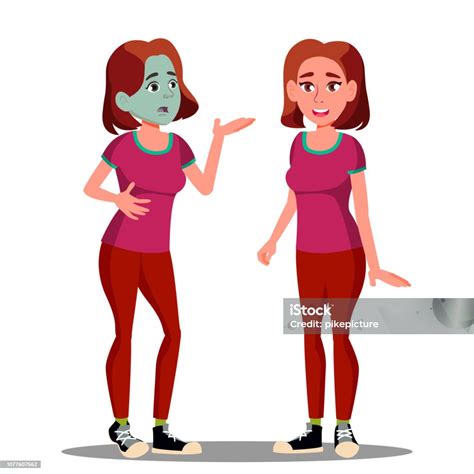 Gadis Remaja Sakit Dengan Wajah Hijau Sebelum Dan Sesudah Vektor