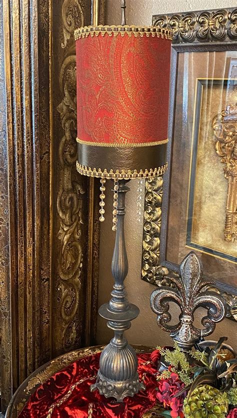 Gallery Designs Buffet Lamp Red And Gold Print And Crystals Reilly