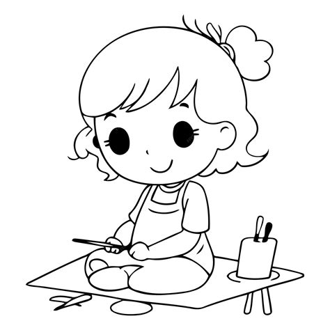 해변에서 그림 그리는 소녀 귀여운 만화 스타일 프리미엄 벡터