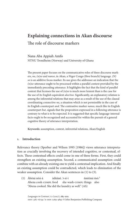 Pdf Explaining Connections In Akan Discourse The Role Of Discourse Markers