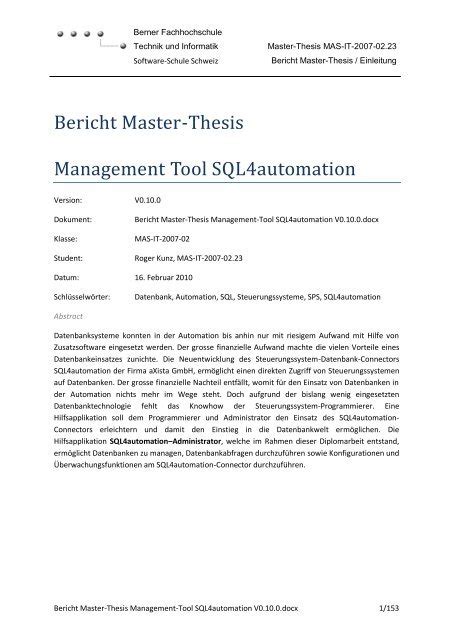 Bericht Master Thesis Management Tool Sql4automation Berner