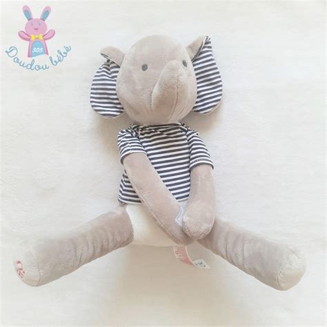 Doudou éléphant gris blanc oreilles t shirt rayé bleu OBAIBI OKAIDI