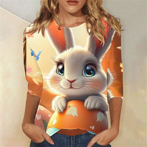 Cavosen Happy Easter Womens Tops 3 4 Sleeve Crew Neck Bunny Floral