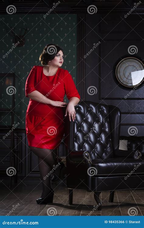 Plus Size Fashion Model In Red Evening Dress Fat Woman On Luxury