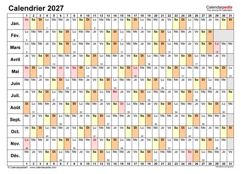 Calendrier 2027 Excel Word Et PDF Calendarpedia