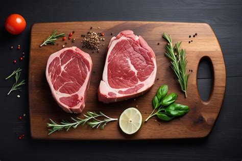 Raw Sirloin Beef Meat Steak On A Wooden Cutting Board With Herbs