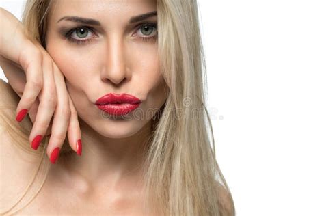 Close Up Portrait Of Woman Lips With Red Lipstick And Red M Stock Image