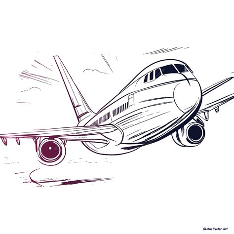 활주로 위로 날아가는 비행기와 손으로 스케치 아트 그림 그리기 프리미엄 벡터