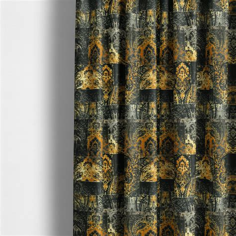 Amalfi Patchwork Pattern Printed Velvet Black Golden Yellow Colours