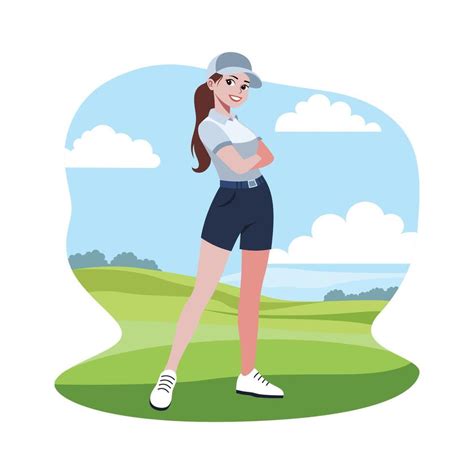 Girl Golfer Player Character Wearing Cap Standing On The Golf Field