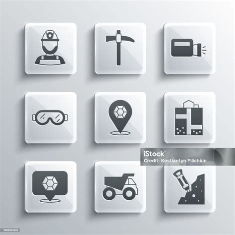 광산 덤프 트럭 건설 착암기 광산 입구 보석 안전 고글 안경 광부 헬멧 및 손전등 아이콘을 설정하십시오 벡터 건강 진단에 대한 스톡 벡터 아트 및 기타 이미지 Istock