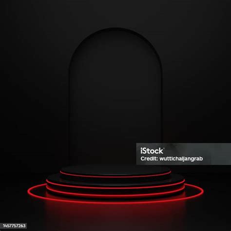 빨간색 조명 라운드 연단과 모형을 위한 검은색 배경 3d 렌더링 0명에 대한 스톡 사진 및 기타 이미지 0명 3차원 형태 강단 Istock