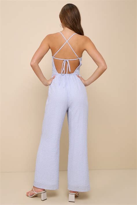Blue And White Jumpsuit Lace Up Jumpsuit Smocked Jumpsuit Lulus