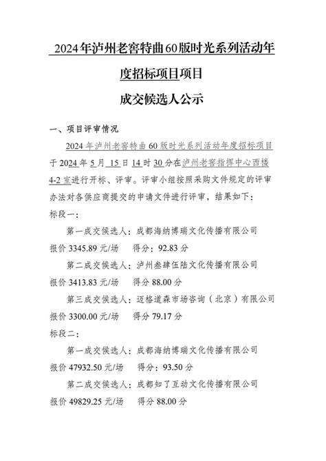 2024年泸州老窖特曲60版时光系列活动年度招标项目成交候选人公示公告新闻资讯泸州老窖官网