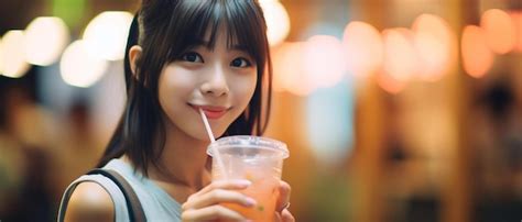 Premium Ai Image Asian Girl Drink Bubble Tea