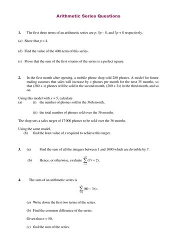 Arithmetic Series Questions Teaching Resources