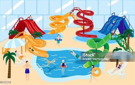 워터 파크 슬라이드 벡터 일러스트레이션 워터 파크에서 워터 슬라이드와 수영장에서 즐거운 시간을 보내는 사람들 아쿠아 파크에서 오락 실내에 대한 스톡 벡터 아트 및 기타