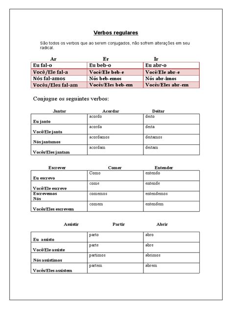 Verbos Regulares Conjugação E Exemplos De Uso Pdf