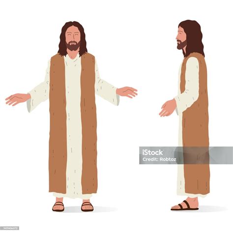 예수 서서 정면 및 측면보기 아이소메트릭 벡터 일러스트레이션 격리된 그림 샌들에 대한 스톡 벡터 아트 및 기타 이미지 샌들