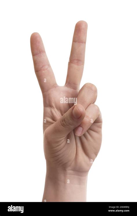 Woman Showing V Sign On White Background Closeup Of Hand Stock Photo Alamy