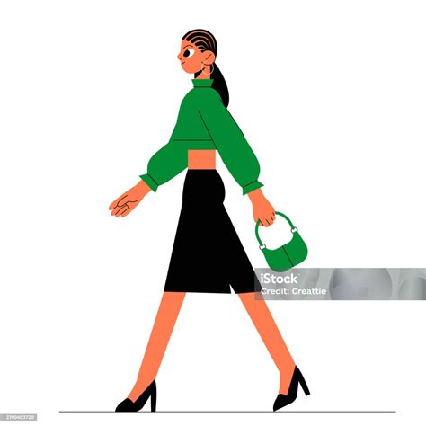 녹색 핸드백과 함께 걷고 검은 치마를 입고 패션 스타일 그리고 자신감을 상징하는 플랫 벡터 일러스트 레이 션 흰색 배경에 고립 된 여자 패션모델에 대한 스톡 벡터 아트 및