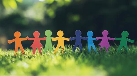 Colorful Paper Cutout Figures Holding Hands In A Circle On Green Grass