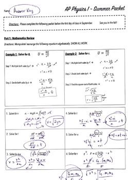 Ap Physics Summer Packet Answer Key By Dr Moore Chemistry Physics