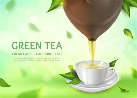 Realistic Detailed 3d Green Tea Fresh Loose Leaf Pure Taste Ads Banner