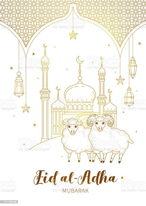 이슬람 휴일 이드 알 아드하 에 대 한 벡터 그림입니다 아랍어 장식 양 모스크 황금 기하학적 프레임 행복한 희생 축하를 위한 서예가 있는 골드 카드 Eid Al Adha에