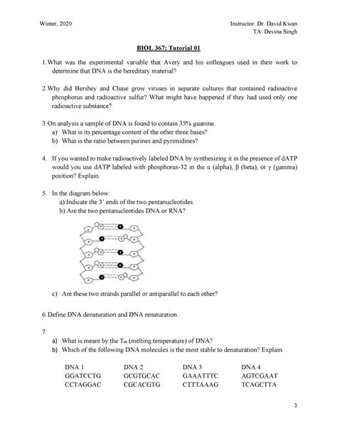 Biol 367 Tutorial 01 Winter 20 20 Instructor Dr David Kwan Ta